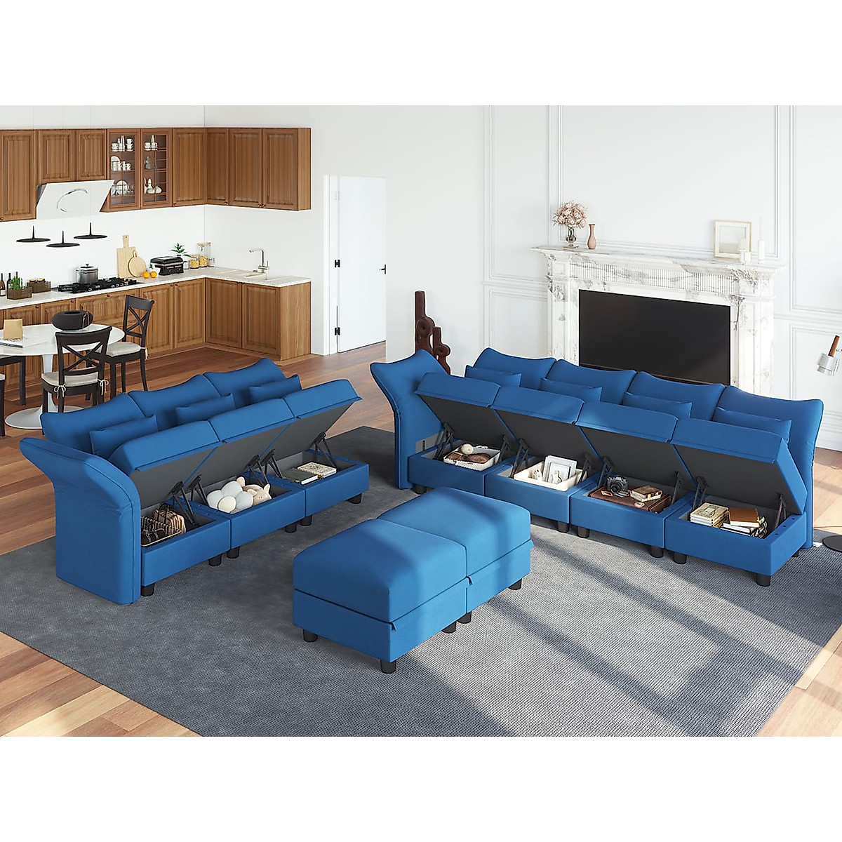 LLappuil Oversized Sleeper Sectional Sofa Couch, 102.2" 9-Seater Bed Shaped Modular Sectional Sofa with Storage Chaise, High Back Recliner Velvet Couches, Anti-Scratch Blue