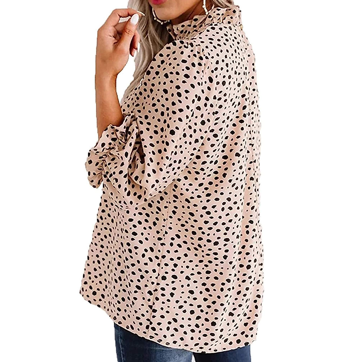 Avanova Women's Leopard Printed Ruffle Hem 3/4 Sleeve Mock Neck Elegant Work Blouses Top Beige Large