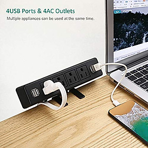 VILONG,Desk Edge Power Strip with 4 USB Port Removable Clamp Power Outlet Socket with USB 6.5 ft Extension Cord Connect 4 Plugs for Home Office Reading