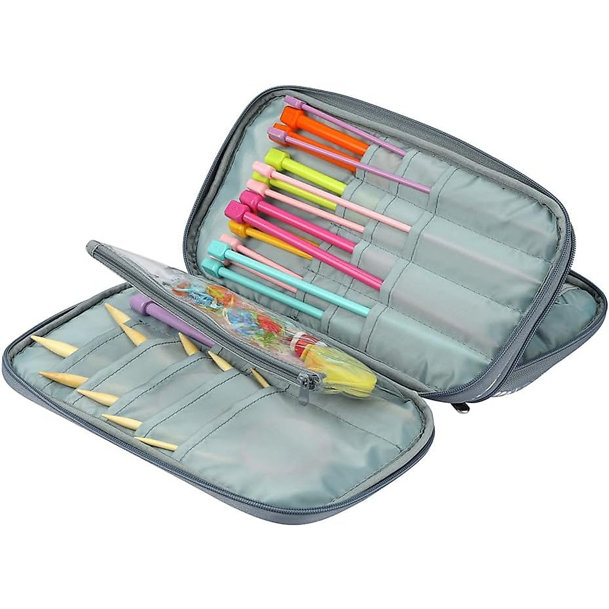 Katech Empty Knitting Needles Case Portable Travel Crochet Hooks Case Zipper Storage Bag Organizer with Transparent Pocket and Holder Slots for Carrying Knitting Needles and Crochet Accessories (Grey)