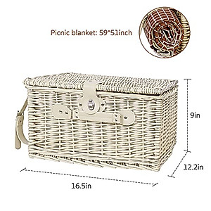 Willow Picnic Basket Set for 4 Person Wicker Hamper Sets with Picnic Blankets, Picnic Cutlery Service Kit, Insulated Cooler Compartment, Best Gifts for Couples, Family, Camping,Outdoor Party - Brown