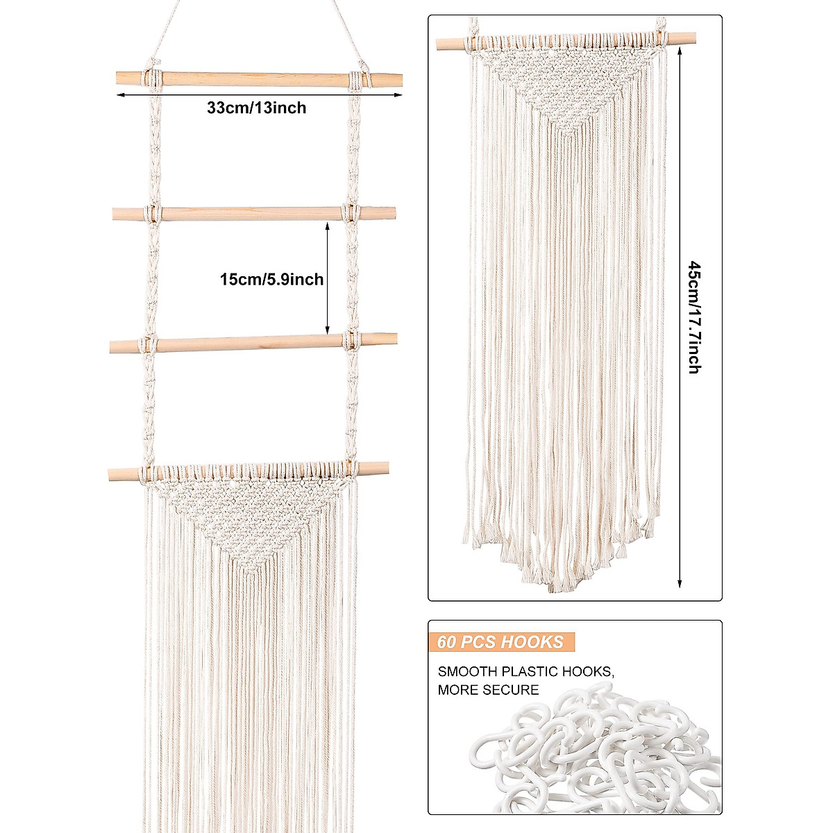 Headband and Hair Bows Holder Macrame Bow Organizer for Girls Hair Bows, Hair Bow Organizer Baby Headband Holder Hair Clip Organizer with 60 Plastic Hooks for Door Boho Wall Room, 13 x 50 Inch (White)