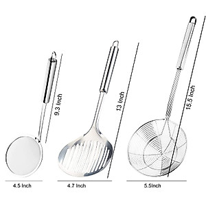 Tenta tenta kitchen Solid Stainless Steel Spider Strainer Skimmer Ladle for Cooking and Frying, Kitchen Utensils Wire Strainer Pasta Strainer Spoon Hot Pot Fat Skimmer Spoon Set of 3