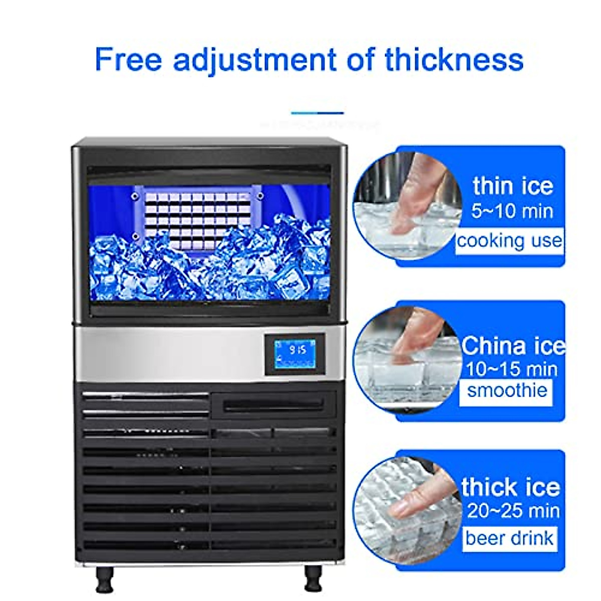 KEINXOW Commercial Ice Maker with 44LBS Ice Storage Bin And Smart LCD Touch Screen, Full Clear Cube, Stainless Steel Self-Cleaning Ice Cube Maker for Bar, Office,Home Kitchen, Shop,24h 110LBS/45 Ice C