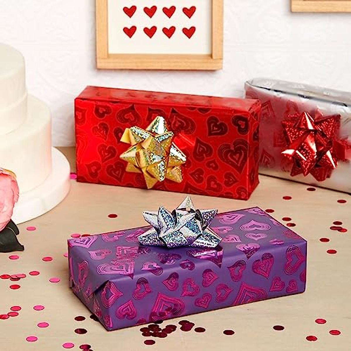 Juvale 3 Rolls Metallic Gift Wrapping Paper Rolls, Holographic Shiny Hearts Wraps for Valentine's Day, Wedding & Birthday, 3 Colors, 17 in x 17.3 ft