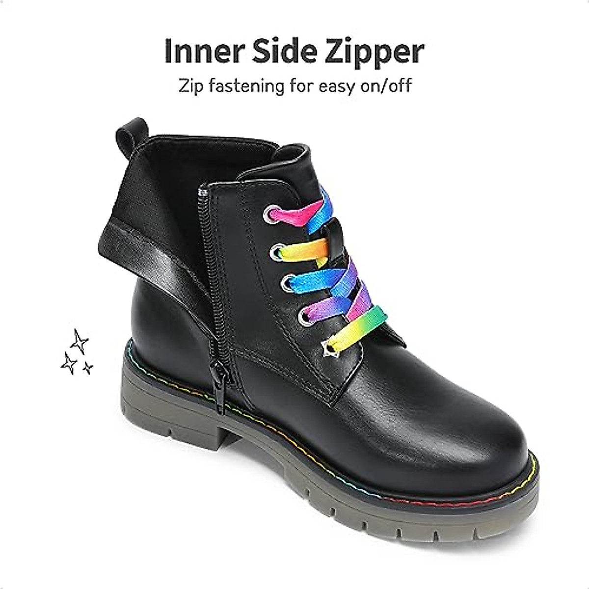 DREAM PAIRS Girls Boys Glitter Ankle Boots Side Zipper Combat Shoes with Lace Up for Toddler/Little Kid/Big Kid,Size 4 Big Kid,Black,SDBO2220K