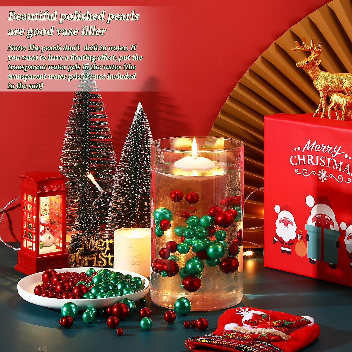 150 Pieces Vase Filler Faux Pearls Vase Makeup Beads No Hole Gloss Pearl Beads Mixed Sizes Round Pearls for Vase Home Party Wedding Decor, 8/14/20 mm (Green)