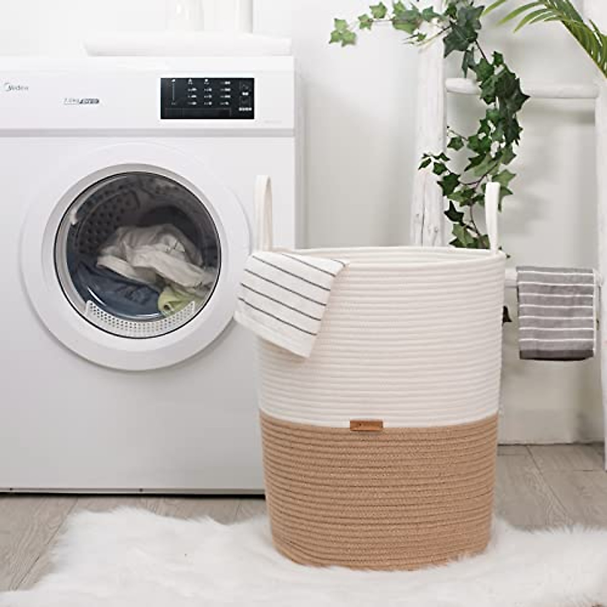 R RUNKA Extra Large Woven basket -16"x 20" Laundry Basket with Handle -Clothes Hamper, Laundry Hamper for Bedroom Living Room，Nursery Decor| Wicker Storage Basket - Off White & Jute