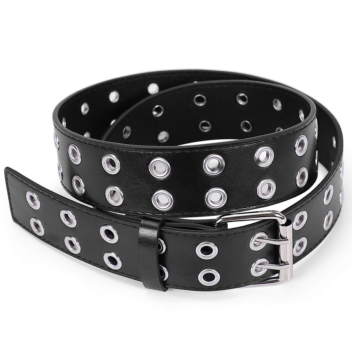 WHIPPY Double Grommet Belt for Women Men PU Leather Double Prong Buckle Vintage Punk Rock Jeans Belts (Black, L)