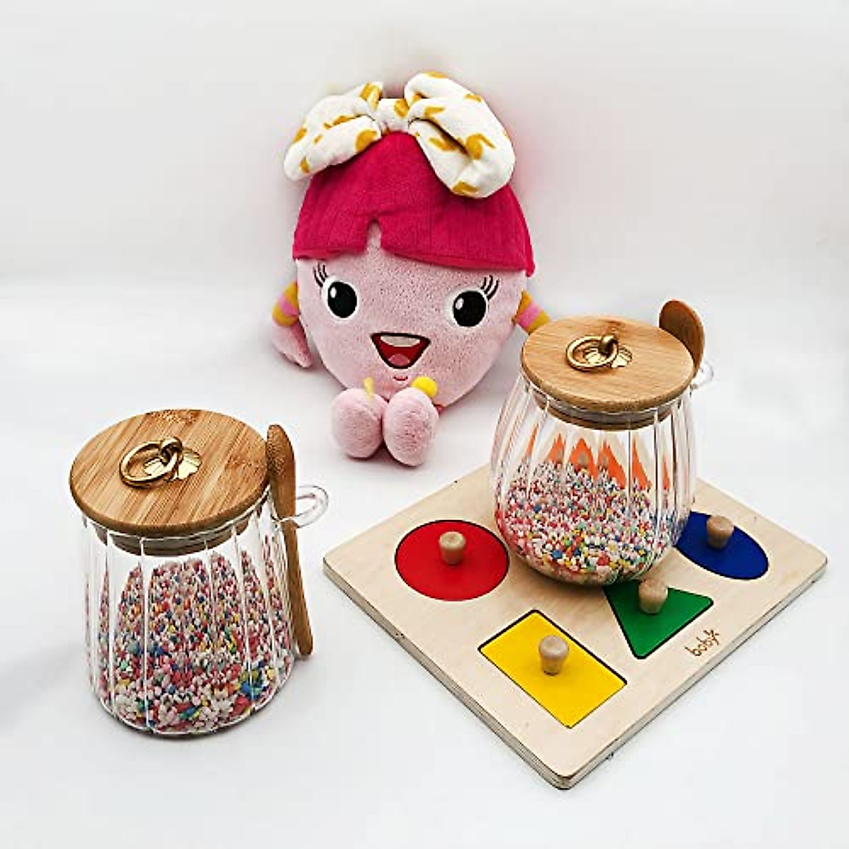 WEIRUIFANZHI 2 Pack Small Glass Coffee Jars set Canister with Bamboo Lid&spoon Petal Decorative Container with Metal Handle&scoop Airtight Storage jar Easy to Grasp for Nuts,Tea,Candy,Cookies(23.7OZ)