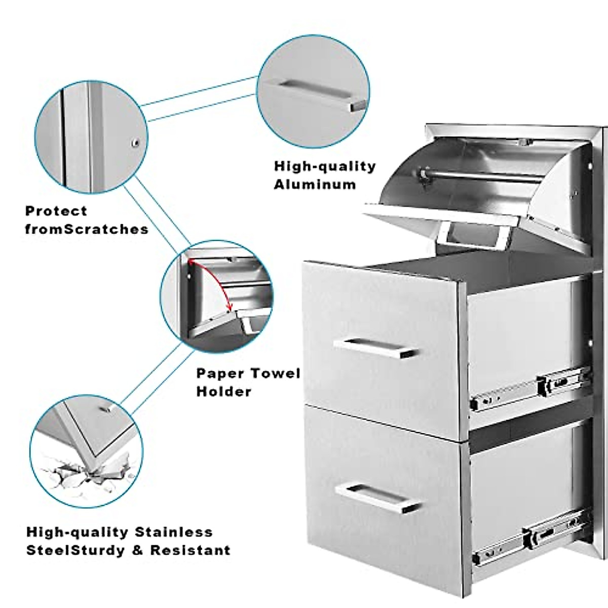 ARTYUIO Outdoor Kitchen Drawers Stainless Steel 17W x 30H x 21D Inch BBQ Storage Cabinets Drawers with Handles, Flush Mount Double Drawers,1 Paper Towel Holder for Outdoor Kitchen