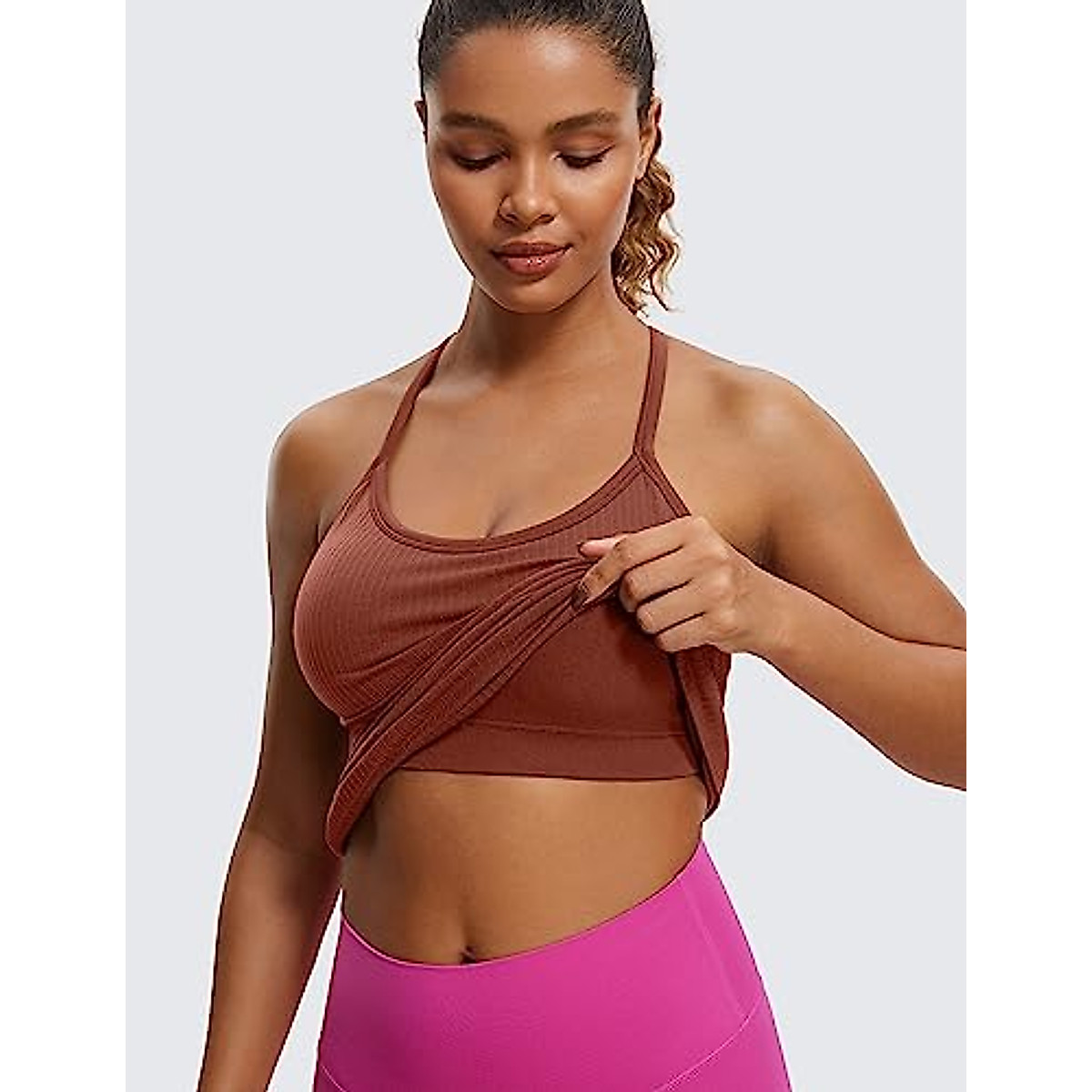 CRZ YOGA Seamless Workout Tank Tops for Women Racerback Athletic Camisole Sports Shirts with Built in Bra Jujube Brown X-Large