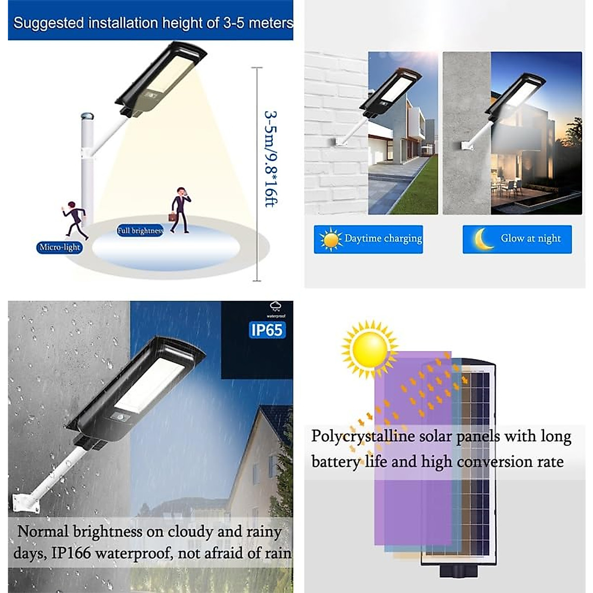 ZXXHNNAIH Solar Street Light IP65 Waterproof Street Solar Light,Multiple Lighting Modes Easy to Install for Front Door Backyard Garage