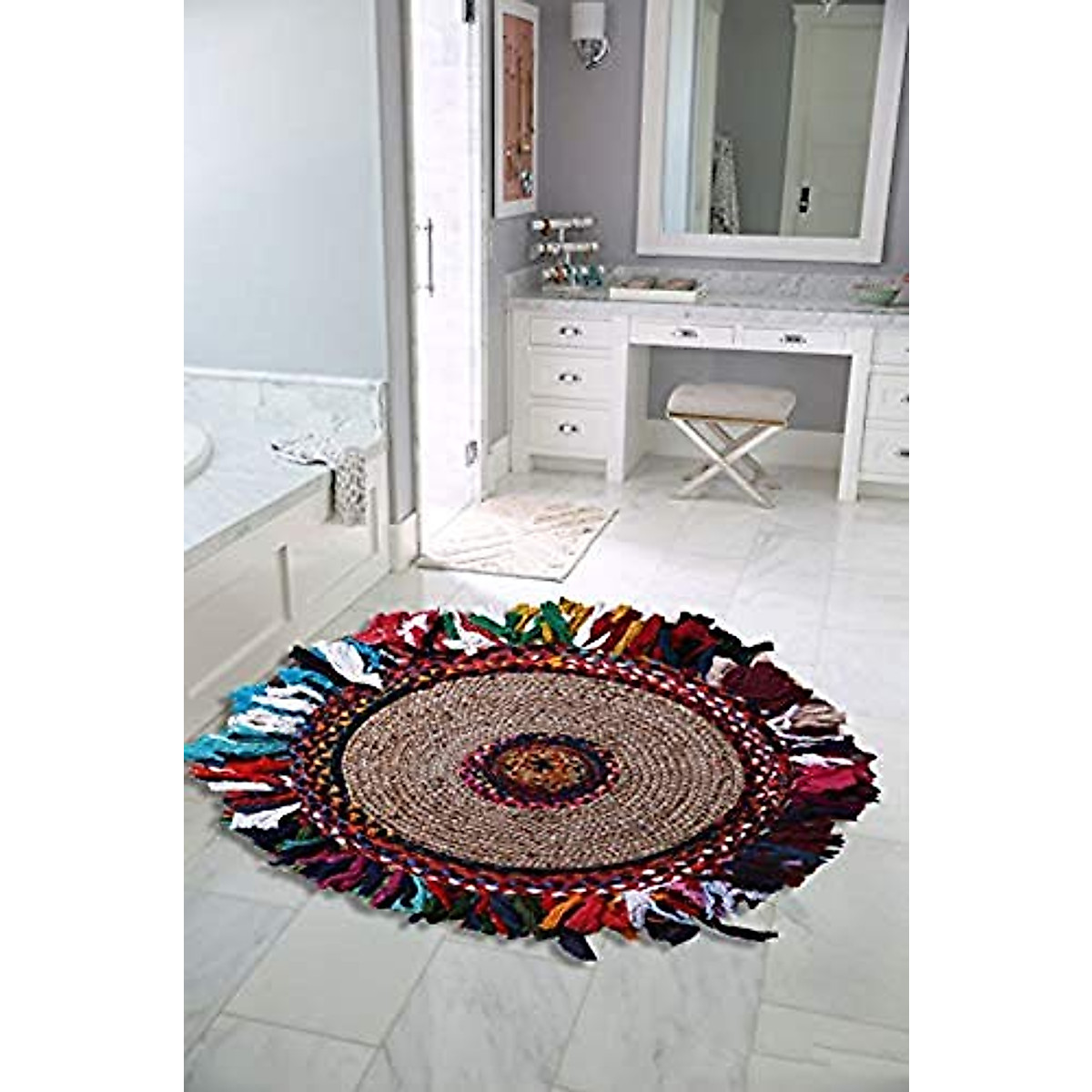 Devik Decor Braided Boho Natural Cotton Chindi & Jute Rugs Reversible Non Slip Carpet Round Area Rug for Farmhouse Living Room Bedroom Kitchen Outdoor Mate, AR02 (3FT_Round (36 Inches X 36 Inches))