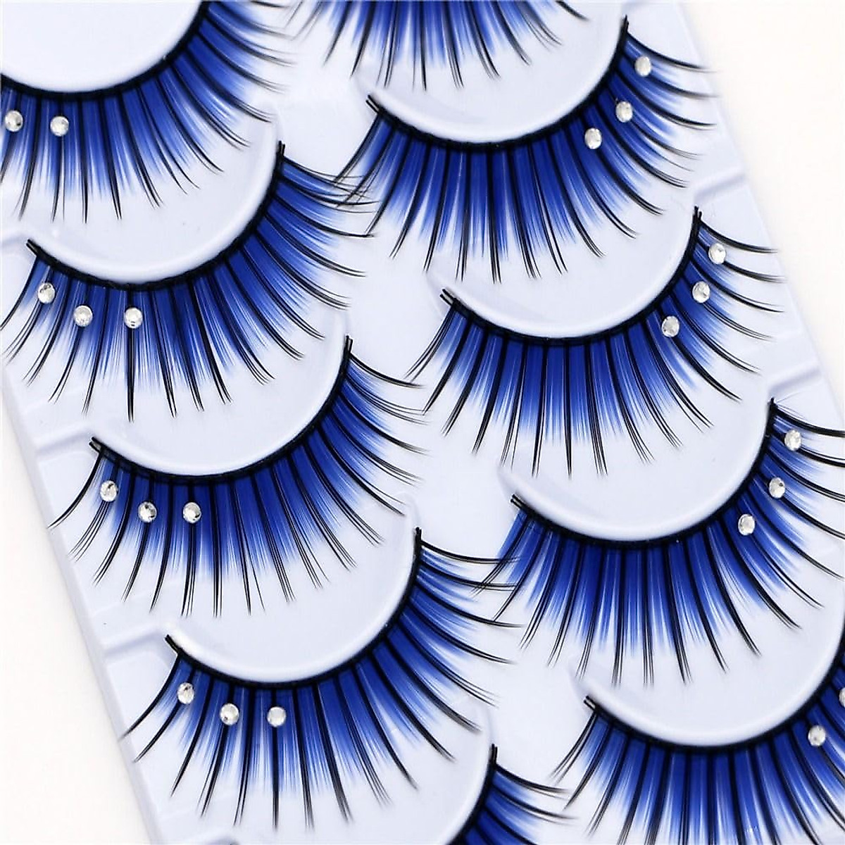 Okdeals 5 Pairs Glitter Lashes 3D Blue Cosplay Anime Eyelash with Rhinestones, 13mm Blue Dramatic Manga Lashes Halloween New Year Party Stage Makeup Eyelash, Black Stems