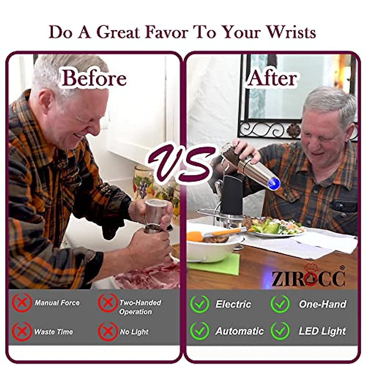 Gravity Electric Pepper and Salt Grinder Set-Adjustable Coarseness-Battery Powered with LED Light-One Hand Automatic Operation-Stainless Steel 2 Pack- Kitchen Gadgets Gifts Ideas By ZIROCC