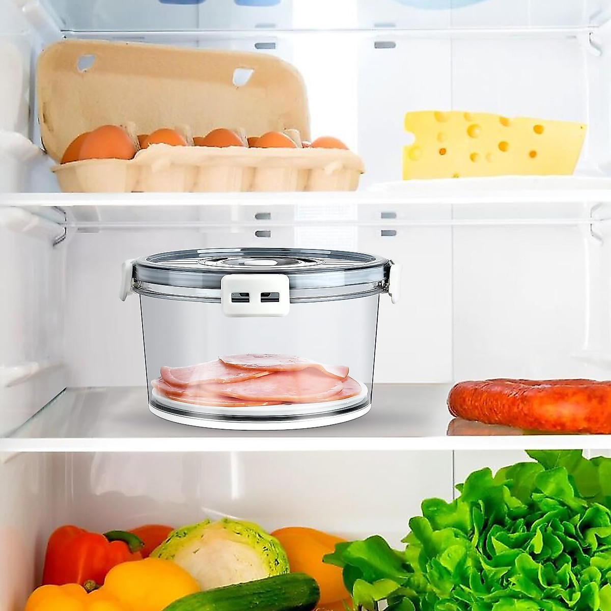 SULICRE Deli Meat Container for Fridge, Round Bacon Container for Refrigerator with Lids, Kitchen Lunch Meat Food Storage Organizer for Cold Cuts, Cheese, Salami, Turkey, Bologna