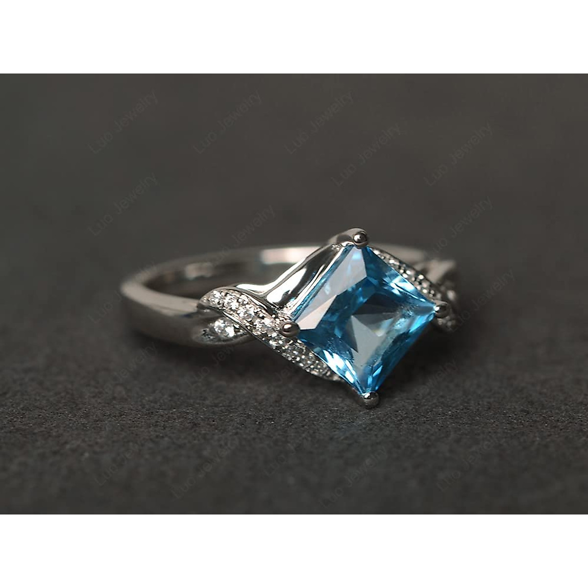 LUO 925 Sterling Silver Swiss Blue Topaz Ring Kite Set Square Cut 7X7 MM Engagement Ring for Women US Size 5