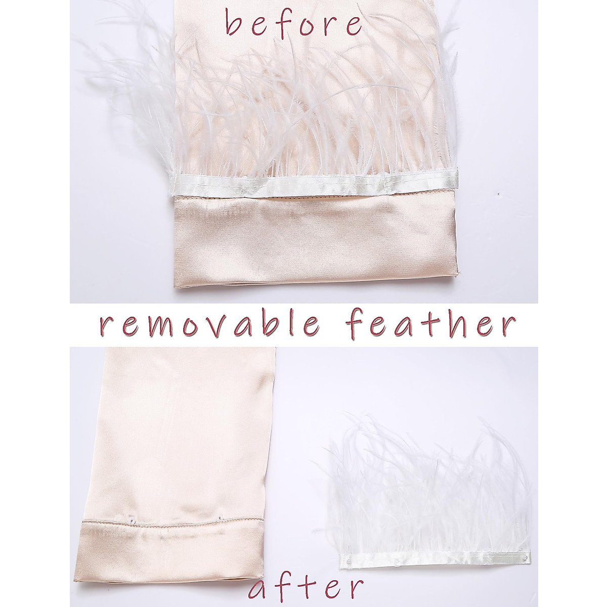 Ekouaer Women's Bridal Feather Trim Silk Satin Pajama Set Long Sleeve Lounge Sets Sleepwear (Removable Feather) White Small