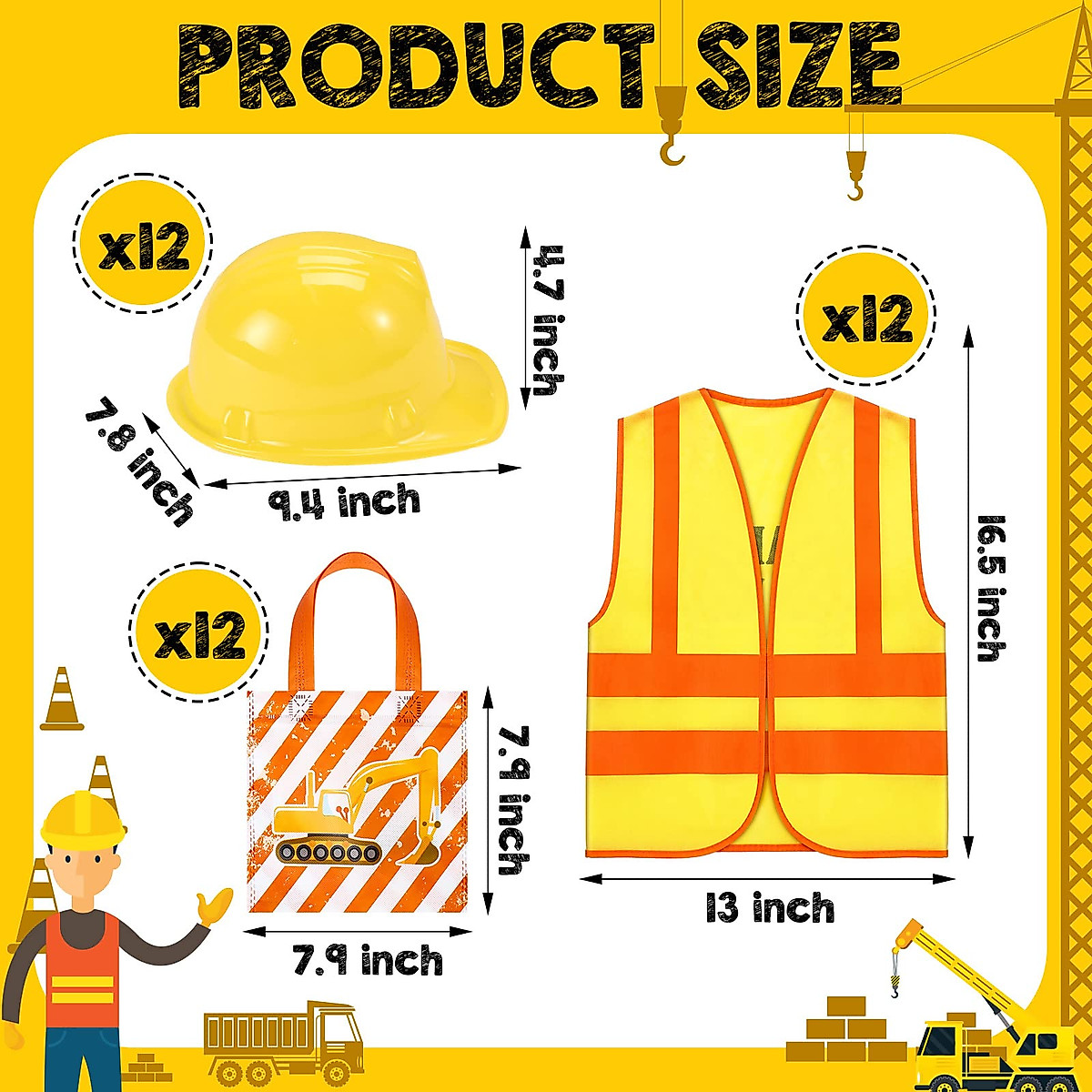 Hercicy 36 Pcs Construction Birthday Party Supplies Dressing up Costume Include 12 Construction Hat 12 Kids Construction Vest 12 Construction Party Goodie Bags for Construction Party Decorations