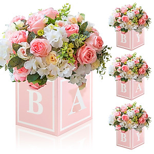 4 Pcs Baby Shower Flower Boxes Table Centerpieces Decoration Pink Baby Block Floral Holder Centerpiece Baby in Bloom Gender Reveal Birthday Party Decors Table Display Its A Girl Its A Boy