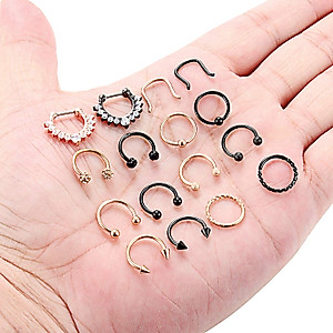 SCERRING 16PCS 16G Stainless Steel Hinged Seamless Septum Hoop Nose Ring Horseshoe Rings Cartilage Daith Tragus Clicker Retainer Body Piercing Jewelry Clear CZ Black & Rose Gold