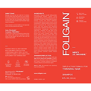 Foligain Triple Action Shampoo For Thinning Hair, Men’s Volumizing Shampoo, with 2% Trioxidil 8 Fl. Oz.