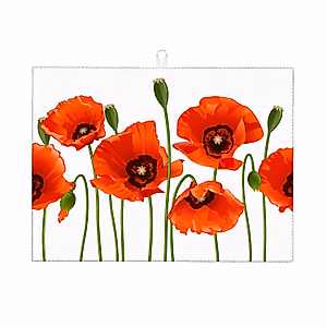 Beabes Poppies Dish Drying Mat,Art Poppies Spring Season Pastoral Flowers Bouquet Nature Drying Mat for Kitchen Counter 18x24 Inches Quick Drying Foldable Mat