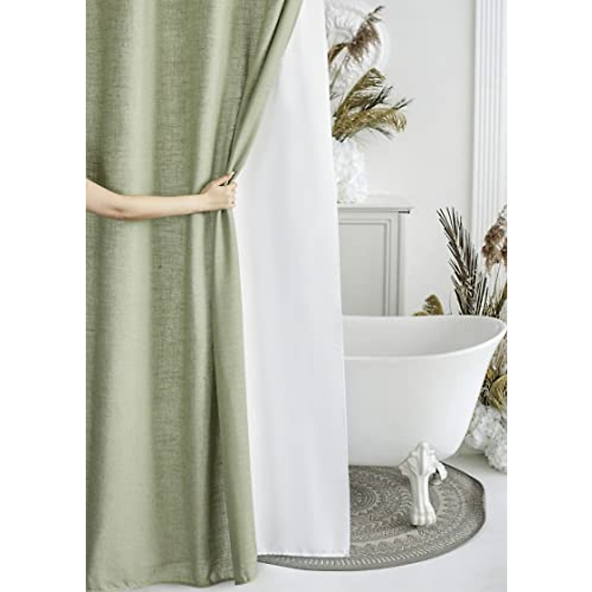 Estmy Sage Green Linen Bathroom Shower Curtain and Fabric Shower Liner Set 2 in 1 Extra Long 72x84, Flax Linen Textured Modern Farmhouse Boho Chic Cute Shower Curtain Set Bathroom Decor