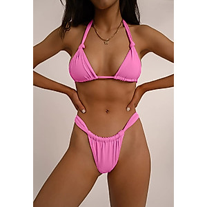 Halter String Bikini Set Sexy Thong Cheeky Two Piece Swimsuits Solid Color Bathing Swimwear Baby Pink S