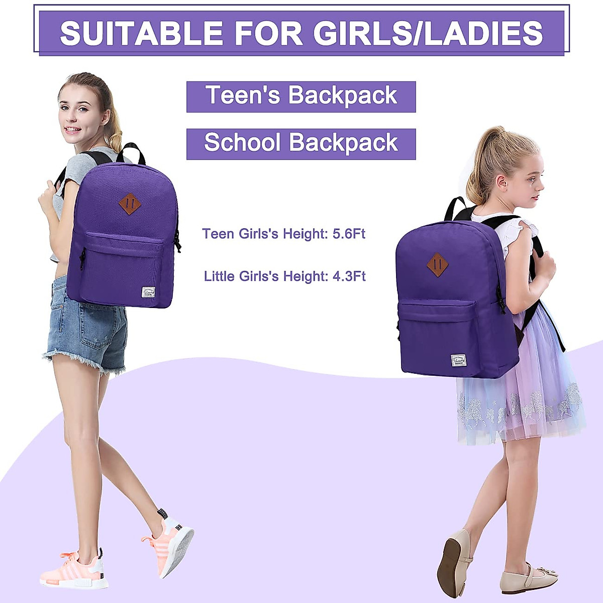 VASCHY Lightweight Backpack for School, Classic Basic Water Resistant Casual Daypack for Travel with Bottle Side Pockets (Purple)
