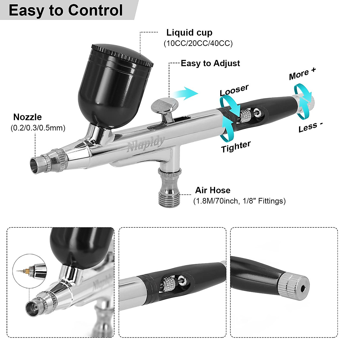 Airbrush Kit, Dual-Action Gravity Airbrush Gun with 0.2mm/0.3mm/0.5mm Needles, 10cc/20cc/40cc Paint Cup, Air Hose and Airbrush Cleaning Kit for Painting Nails Cake Tattoo (Black)