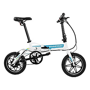 Swagtron Swagcycle EB-5 PLUS Folding Electric Bike with Pedals and Removable Battery, White, 14" Wheels