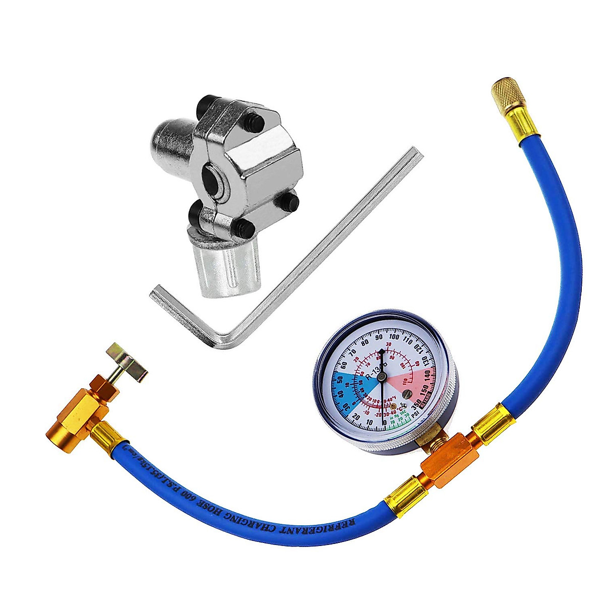 BPV31 Piercing Valve for Bullet with R134a Refrigerant Charging Hose,Refrigerant Can Tap with Gauge, R134a can to R-12/R-22 port