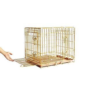 HOMEY PET Gold Color Folding Design Dog Crate Puppy Kennel with Removable Floor Grid and Pull Out Tray