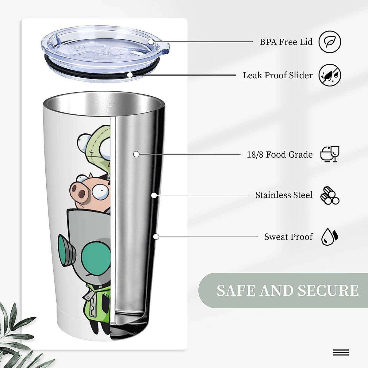CONPELSON 20OZ Coffee Mug Invader Anime Zim Car Insulated Stainless Steel Tumbler With Straws Novelty Travel Sippy Cup for Home Office Travel