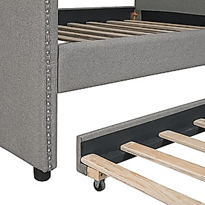 DRELOFT Full Size Upholstered Daybed with Strong Durable Pull-Out Trundle and Legs, Full Day Bed Sofa Bed with Wood Slat Support for Living Room Bedroom Guestroom, No Box Spring Needed, Gray