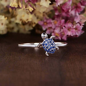 BeBold 1.5ct Round Cut Created Blue Sapphire Sea Turtle Engagement Ring for Women White Gold Plated