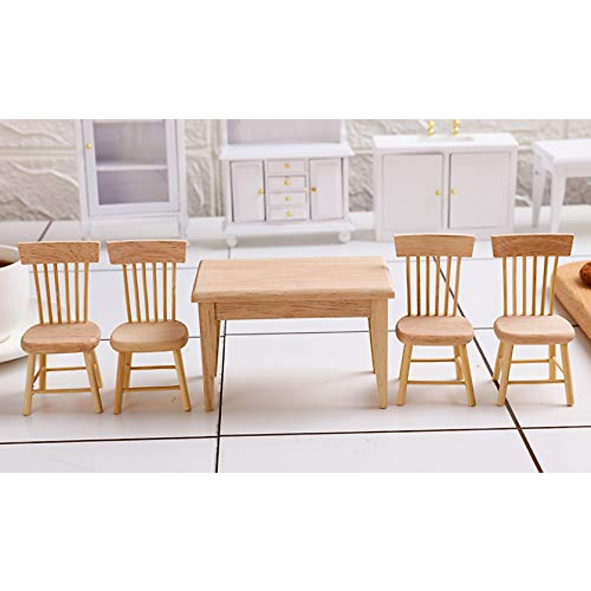 Z MAYABBO Wooden Dollhouse Furniture of Table & Chair, Miniature Dollhouse Accessories of Dining Room Accessory - 1/12 Scale