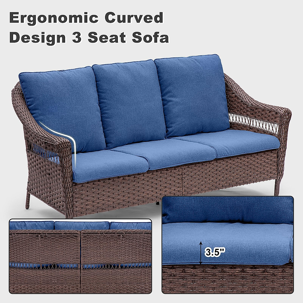 Buenhomino Outdoor Patio Sofa Couch - 3 Seater All Weather Rattan Conversation Sofa Porch Furniture Wicker Sofa with Deep Seat High Backrest for Deck Porch Balcony Garden - Brown/Blue