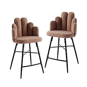 RHYNZEE 26 inch Bar Stools Set of 2, Boucle Fabric Modern Counter Height Bar Stools with Back and Black Metal Legs, Sherpa Upholstered Kitchen Island Chair for Home Kitchen Bistro Coffee Shop (Brown)
