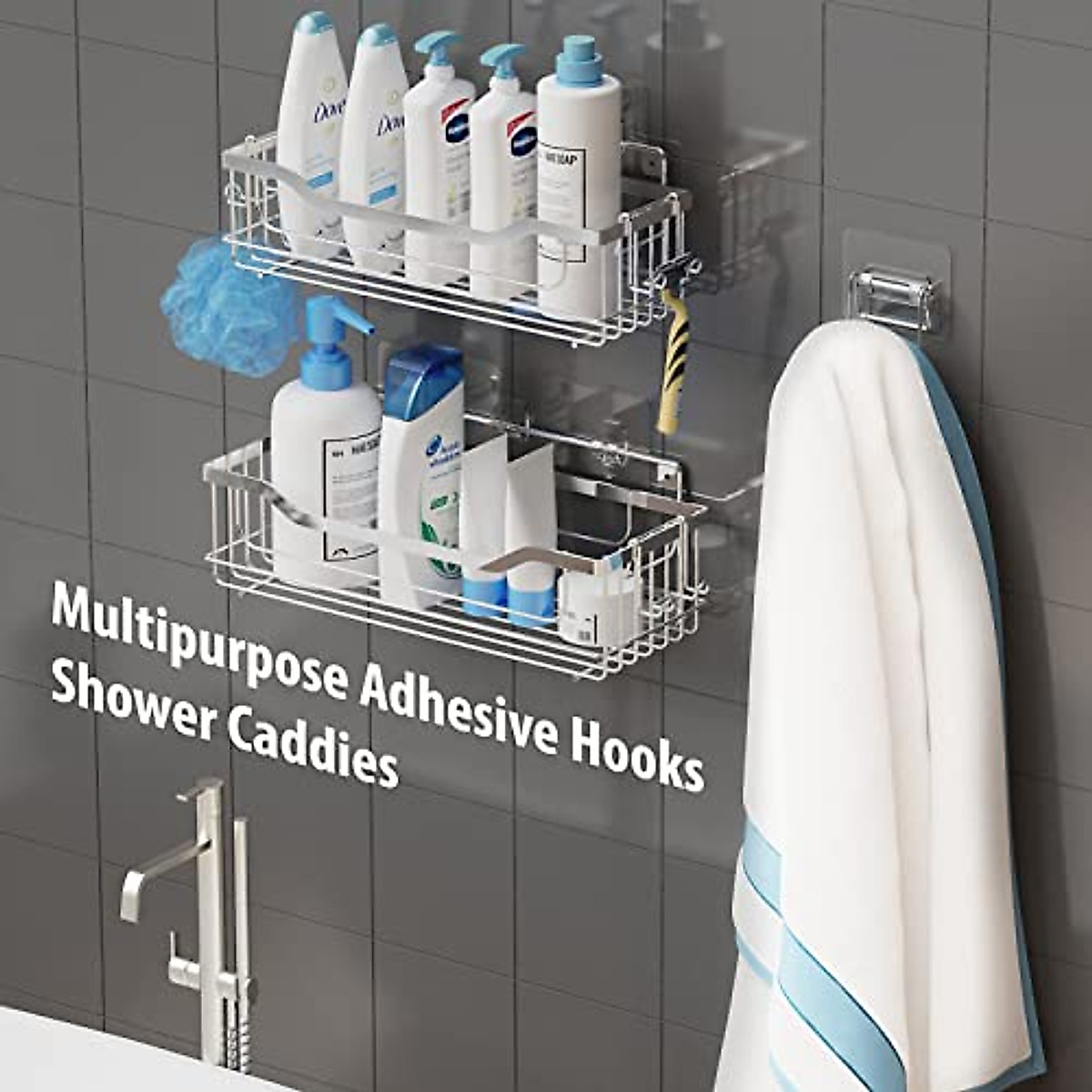 Temste Shower Caddy, Rustproof Shower Organizer with Phone Holder, Stainless Steel Shower Shelf for Inside Shower with Adhesive Hooks, Bathroom Organizer Shower Storage - 2 Pack