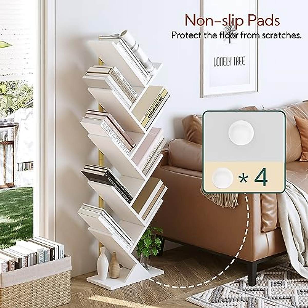 Yusong Tree Bookshelf, Geometric Bookcase with Steel Pipe for Living Room Bedroom, Floor Standing Books Shelves for Home Office (White, 9 Tier)