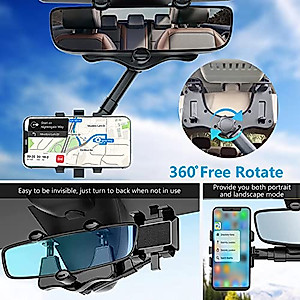 PKYAA Rearview Mirror Phone Holder for Car, 360° Rotating Rear View Mirror Phone Mount with Adjustable Arm Length, Multifunctional Phone and GPS Holder Universal Car Phone Holder for All Smartphones