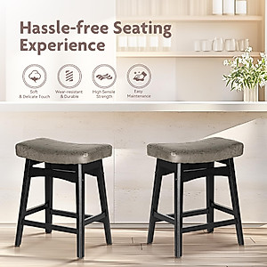 ALPHA HOME Bar Stools Set of 3, Solid Wood Saddle Kitchen Stools with Grey PU Leather Cushion Counter Height Barstools with Wooden Base for Kitchen Dining Cafe, 24 Inch, Grey, 3PCS