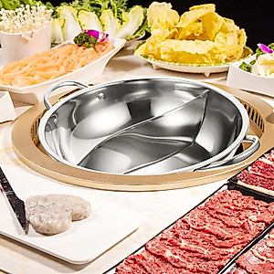 BESTonZON Stainless Steel Hot Pot with Divider Non-stick Shabu Shabu Pot Dual Sided Soup Cookware for Induction Cooktop Gas Stove 28cm