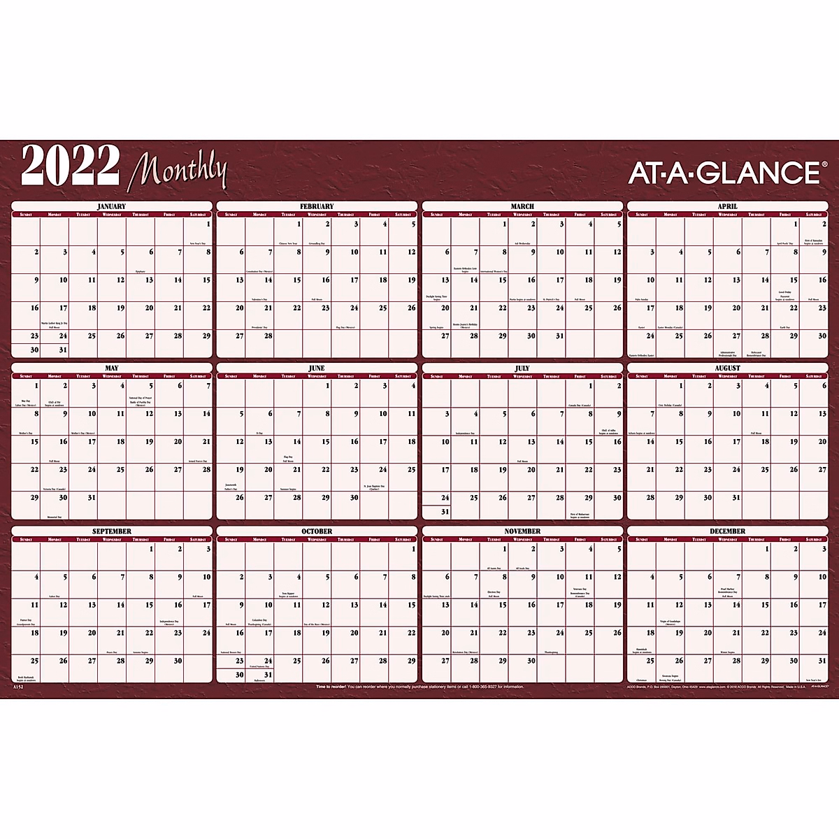 2022 Erasable Calendar, Dry Erase Wall Planner by AT-A-GLANCE, 48" x 32", Jumbo, Horizontal, Reversible, Red (A152)