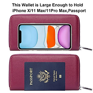 Lavemi Women's RFID Blocking 100% Leather Large Capacity Zip Around Wallet Phone Holder Clutch Travel Purse Wristlet(Large Size Pebbled Dark Magenta)