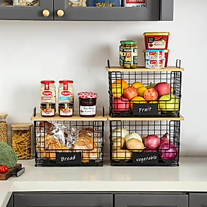 2 Set Kitchen Counter Basket with Bamboo Top - Pantry Cabinet Organization and Storage Wire Basket - Countertop Organizer for Produce, Fruit, Vegetable (Onion, Potato), Bread, K-Cup Coffee Pods