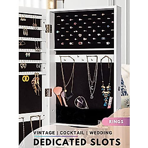 YOKUKINA Jewelry Cabinet Free Standing Large Storage Lockable Armoire, Full Length Dressing Mirror Organizer(White)